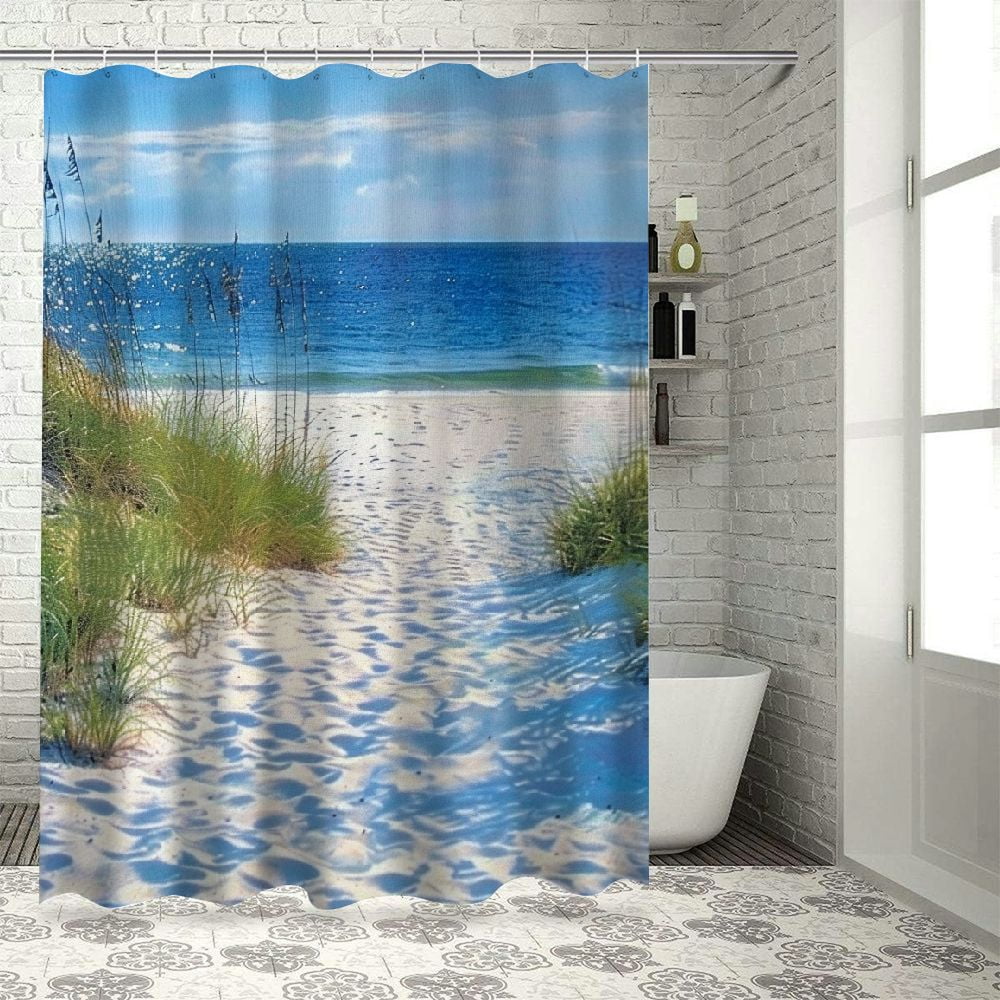 BCIIG Beach Shower Curtain, Path to Beach Clear Sky Bushes Grasses ...