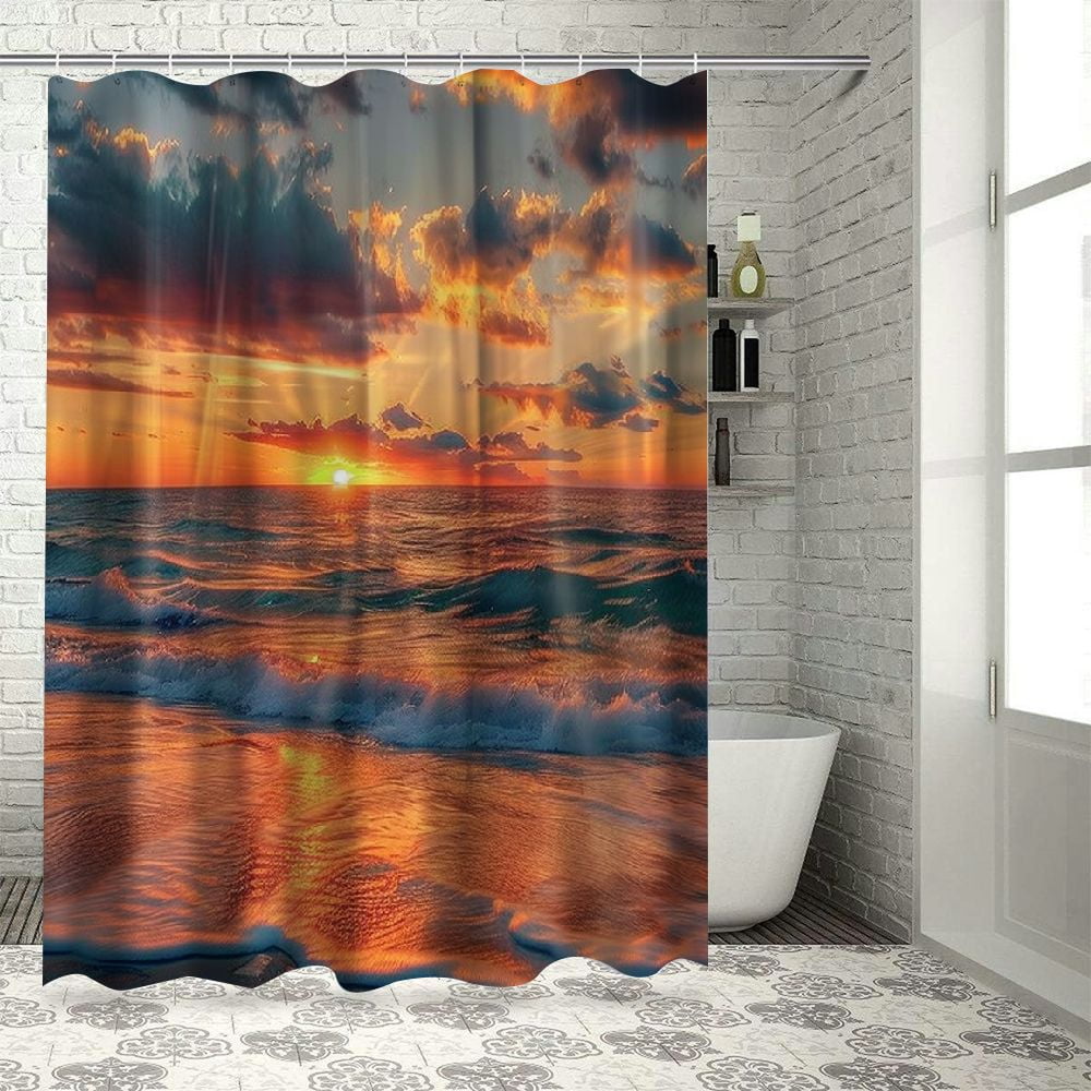 BCIIG Beach Sunset Shower Curtain, Hawaii Seashore Ocean Waves Sunrise ...