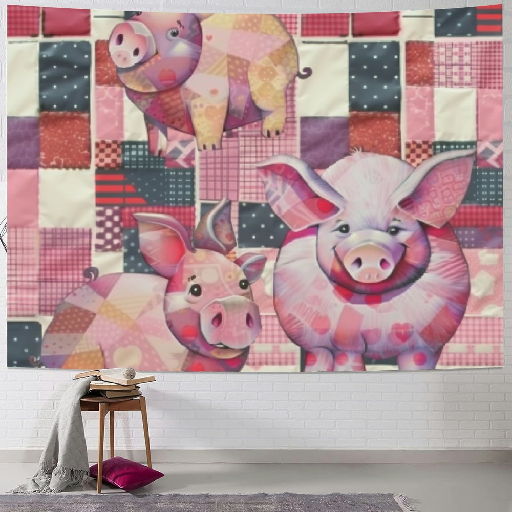 BCIIG Bear Pig Checkered Pattern Tapestry Wall Hanging Home Decor ...