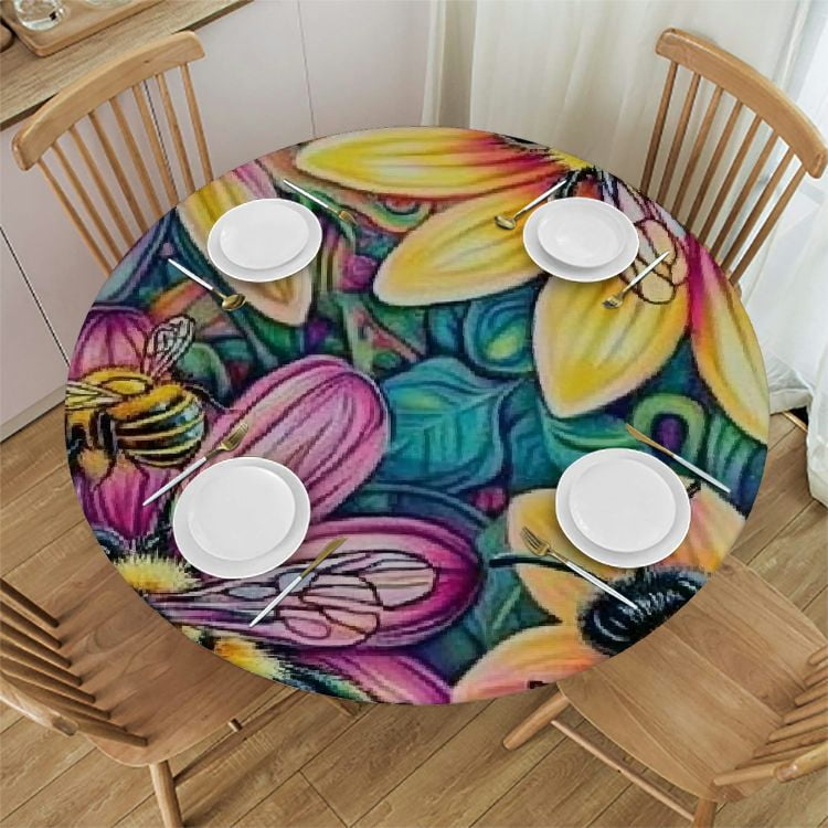 BCIIG Bees Flower Psychedelic Round Tablecloth 100% Polyester Washable ...