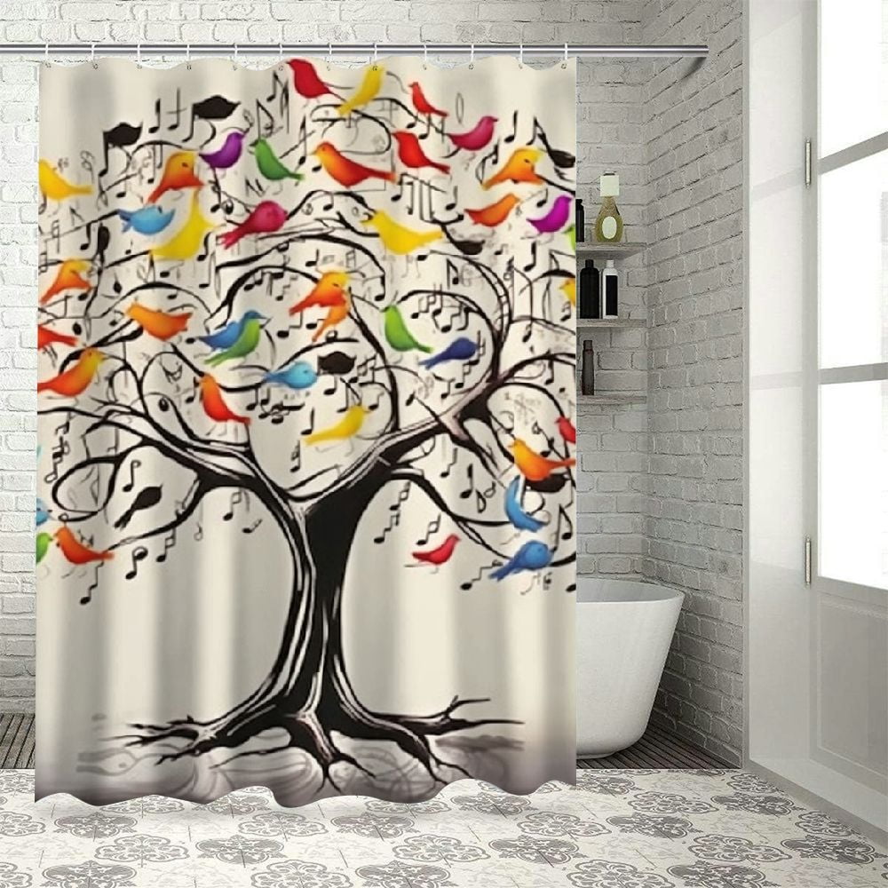 BCIIG Birds Music Notes Bathroom Decor Set with Hooks Polyester Fabric ...