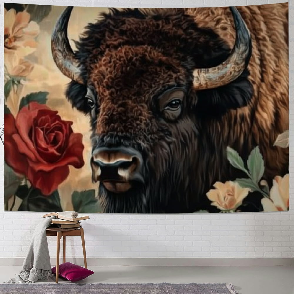 BCIIG Bison Flowers Red Rose Tapestry Wall Hanging Unique Style for ...