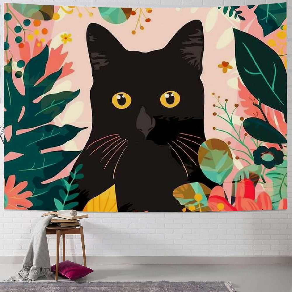 BCIIG Black Cat Flowers Tapestry for Bedroom Aesthetic; Pink Green Wall ...