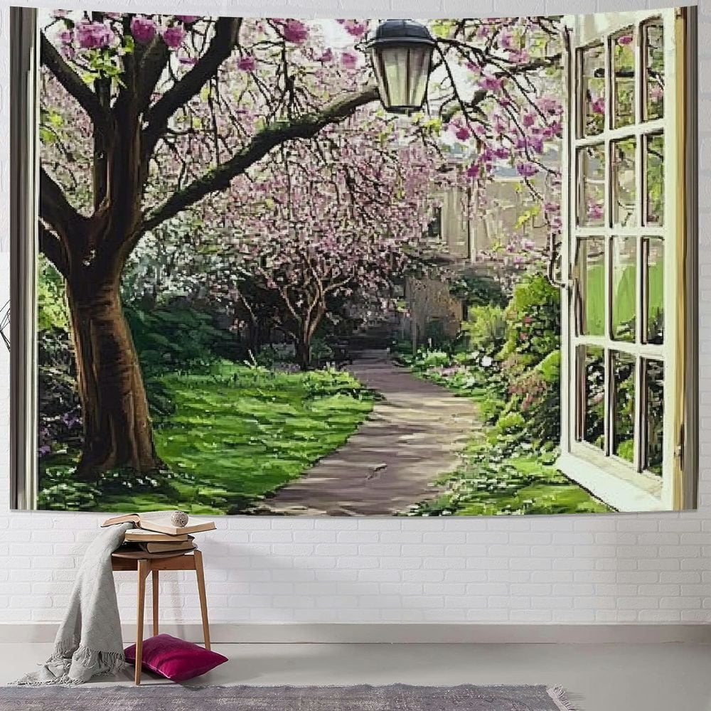 BCIIG Blossom Window Tapestry Tree Forest Path Pink Flowers Window ...