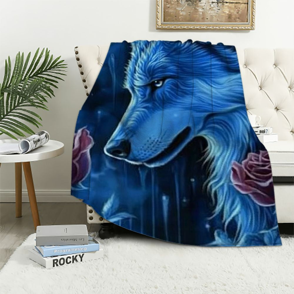 BCIIG Blue Flower Rose Howling Wolf Blanket Hooded Throw Blanket Hooded ...