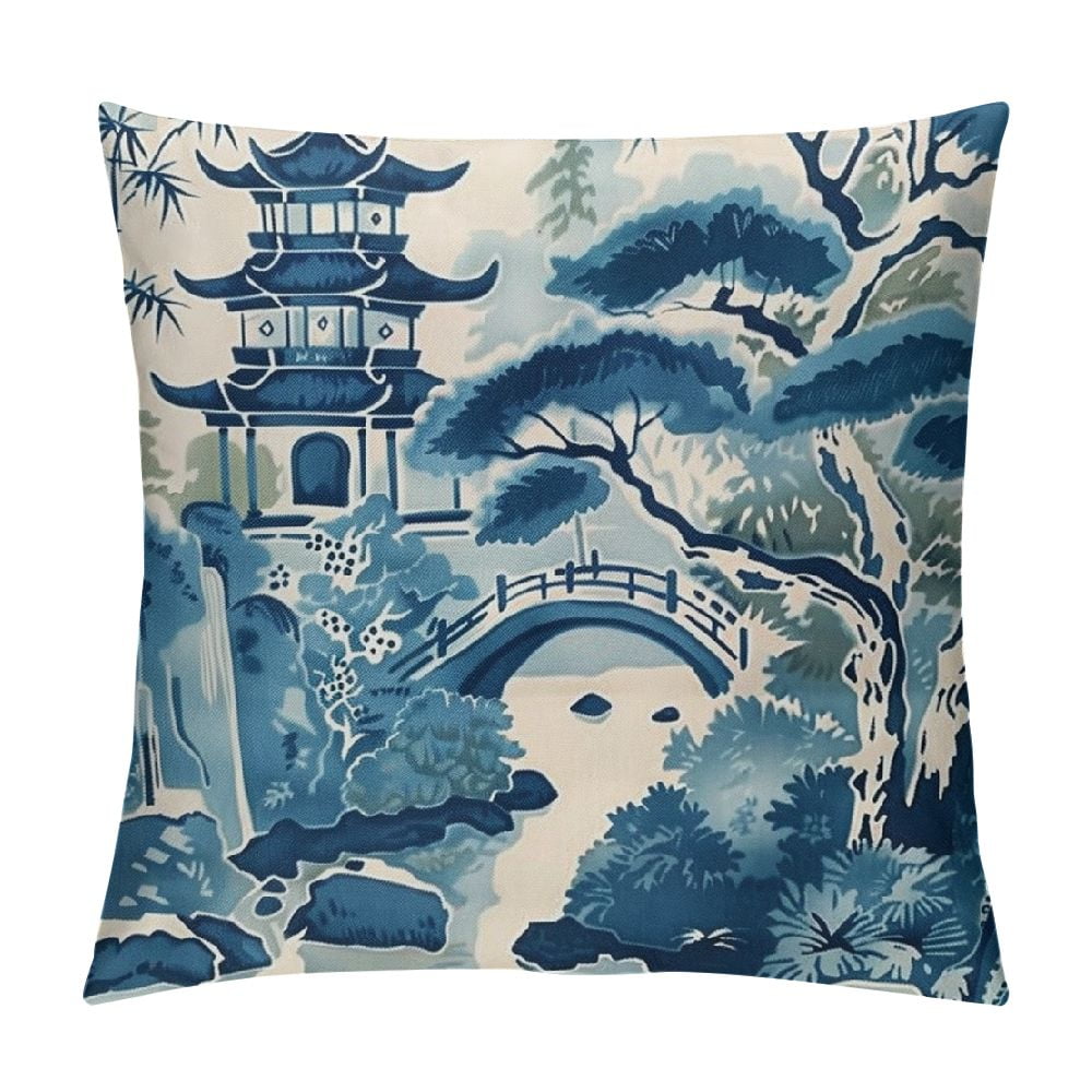 BCIIG Blue and White Chinoiserie Pillow Covers Pagoda Cushion Cover ...