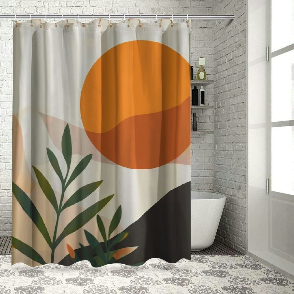 Bciig Bohemian Bathroom Shower Curtain Orange Sun Eucalyptus Leaves