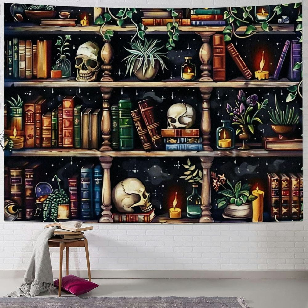 BCIIG Bookshelf Tapestry Magical Book Tapestries Goth Skull Tapestry ...