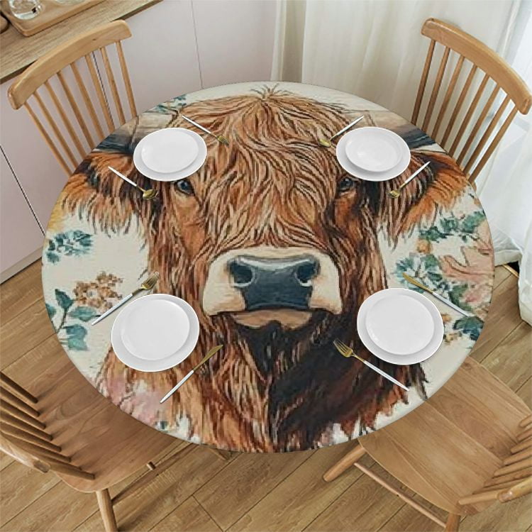 BCIIG Bull Flowers Pattern Round Tablecloth Stain-Resistant Washable ...