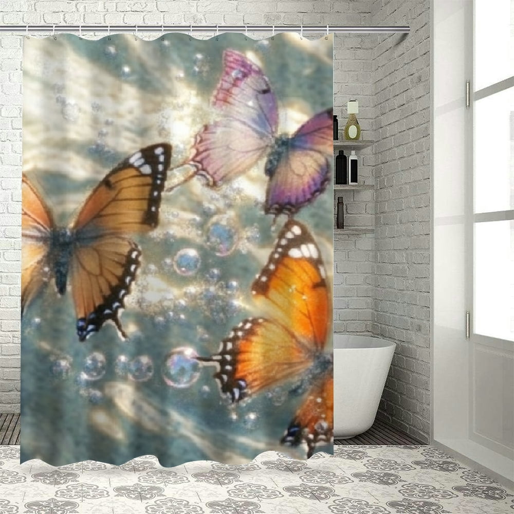 BCIIG Butterflies Water Bubbles Shower Curtain Set for Bathroom with ...