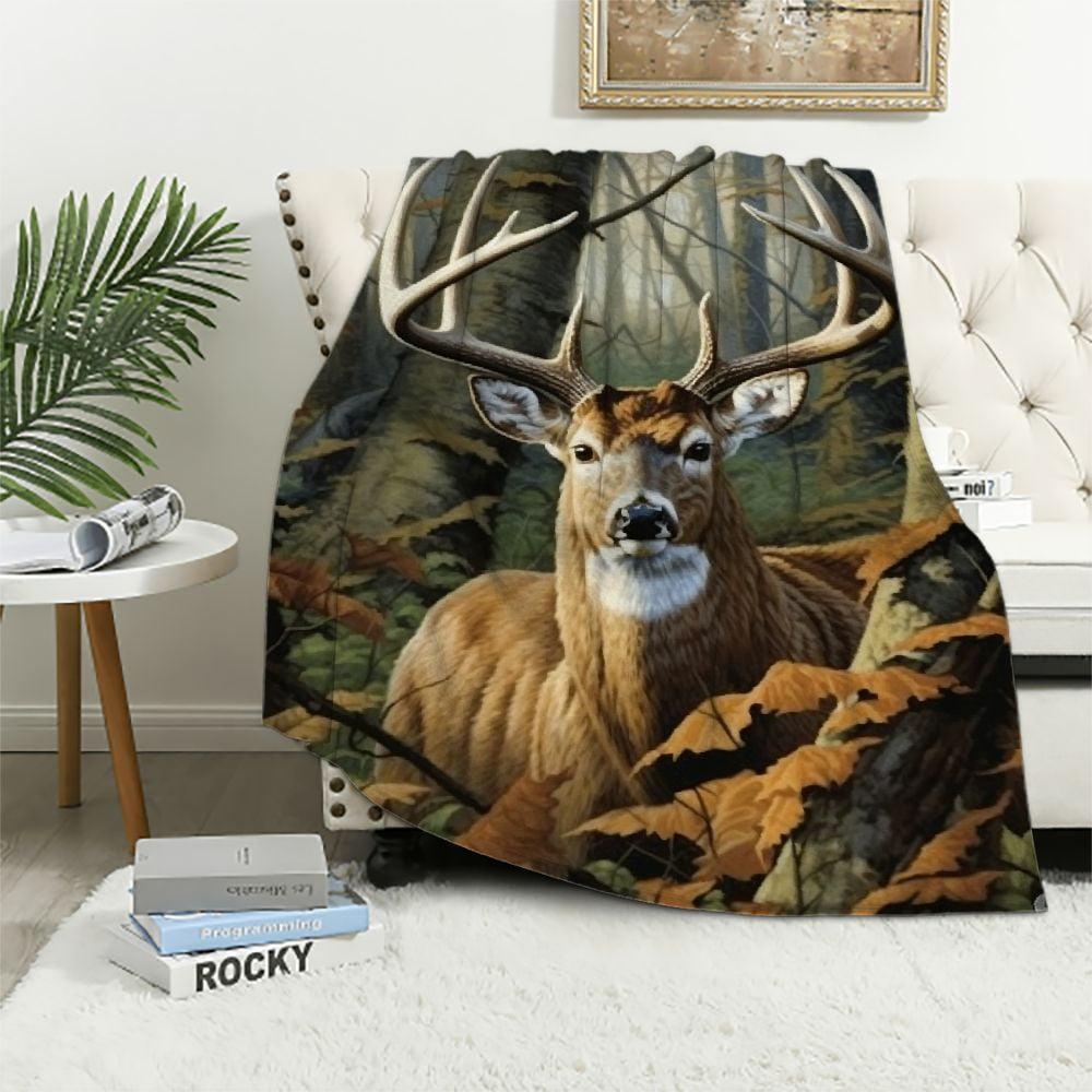 BCIIG Camo Buck Deer Fleece Blanket for Bed,Queen Size Woodland Fleece ...