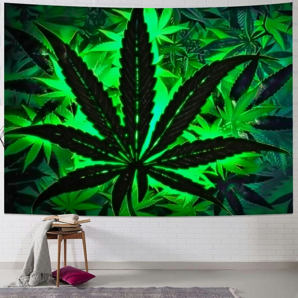 BCIIG Cannabis Leaf Tapestry Small for Kids Teens Girls Adults Room Decor,Glowing Green Black ...