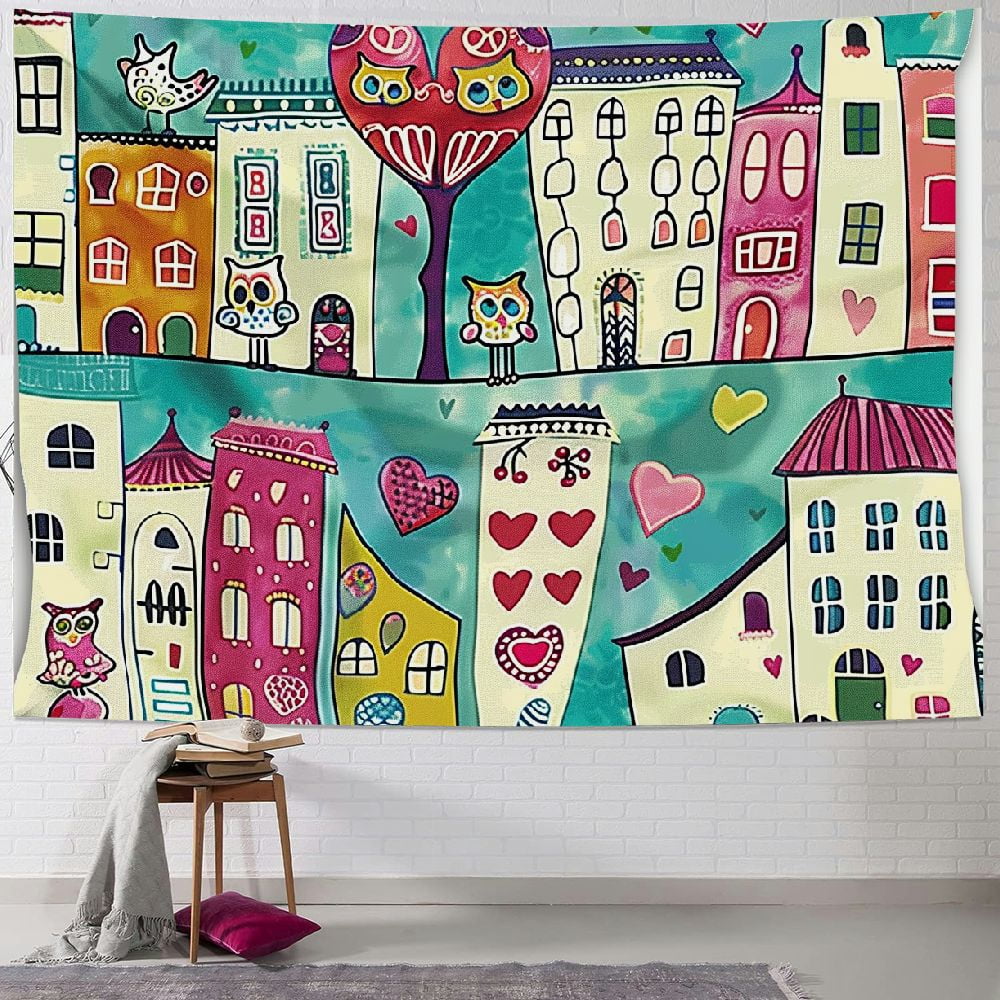 BCIIG Cartoon Doodle Tapestry Girls Kids Houses Birds Hearts Valentine ...