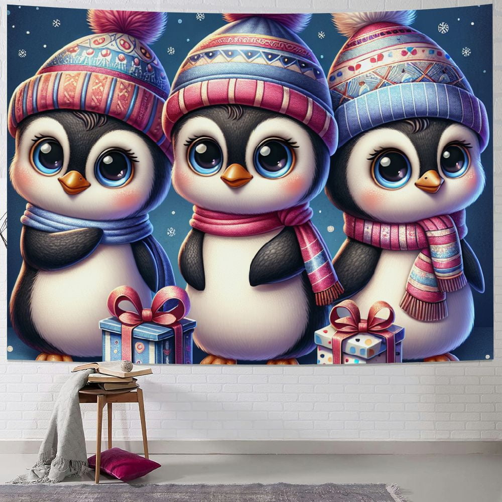 BCIIG Cartoon Penguins Winter Hats Tapestry Wall Hanging Unique Style ...