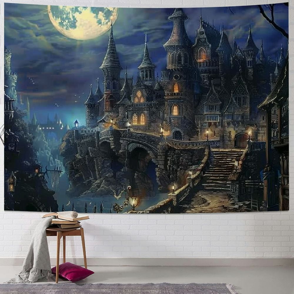 BCIIG Castle Full Moon Night Tapestry, Wolf Fantasy Medieval Town Wall ...