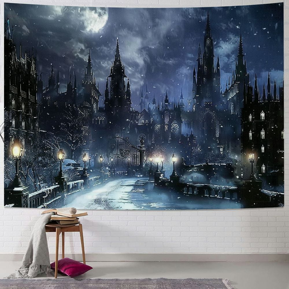 BCIIG Castle Moon Night Tapestry, Wolf Fantasy Medieval Town Wall ...