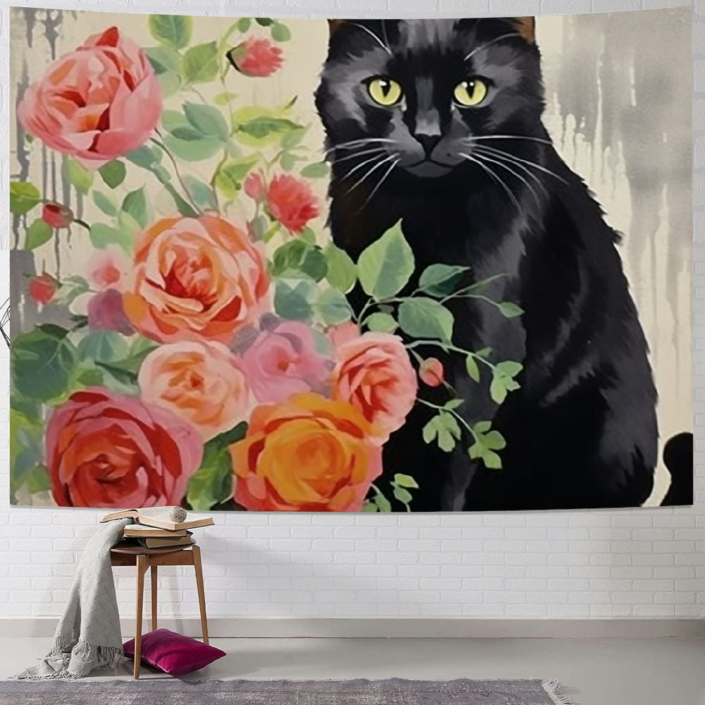 BCIIG Cat Flowers Tapestry Wall Hanging Unique Style Graphic Tapestries ...