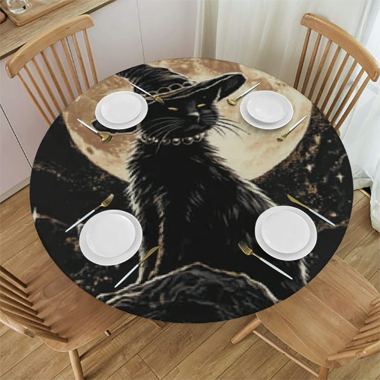 BCIIG Cat Moon Witch Round Table Cover Stain Resistant Washable Indoor ...