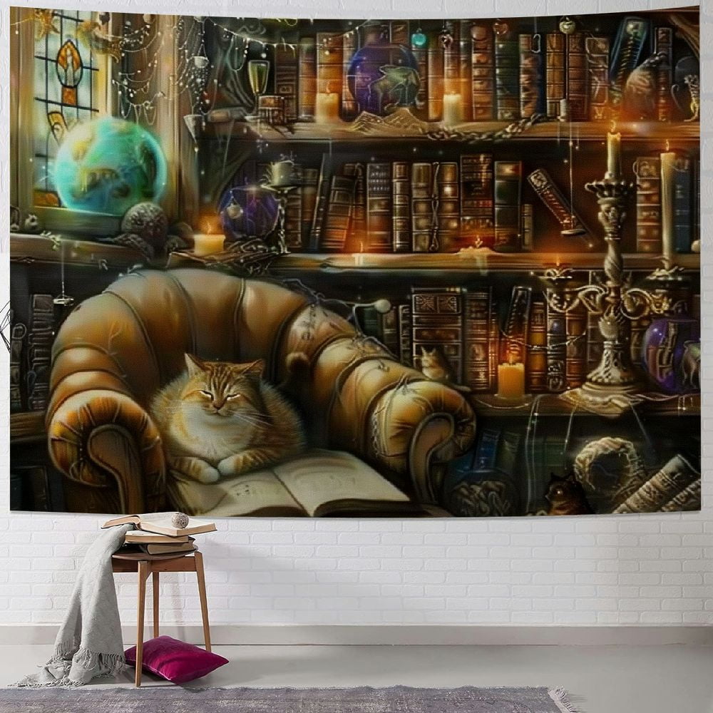 BCIIG Cat Tapestry, Bookshelf with Wizard Books and Magic Pots Gothic ...