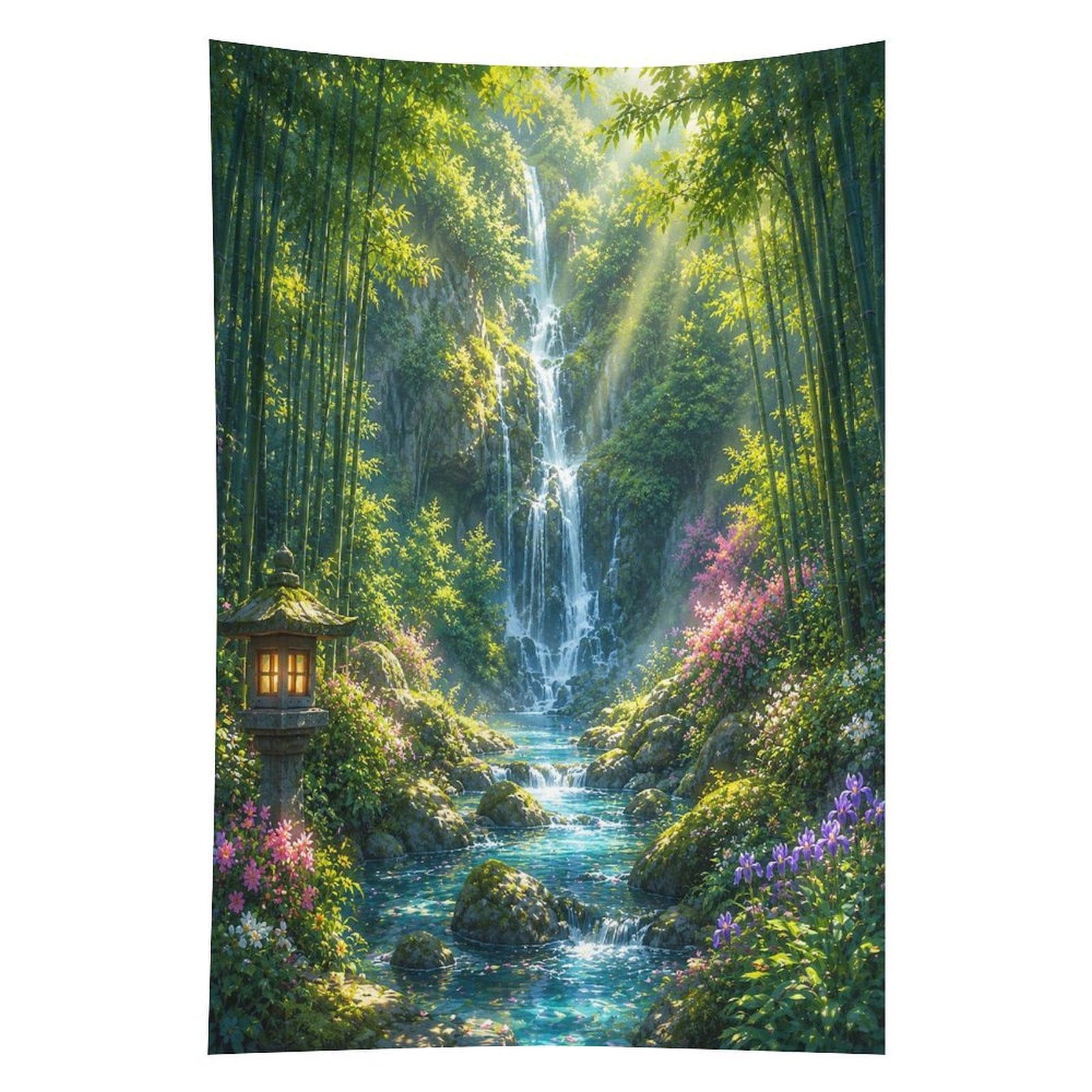 BCIIG Bamboo Forest Waterfall Stream Tapestry in Green Fields ...