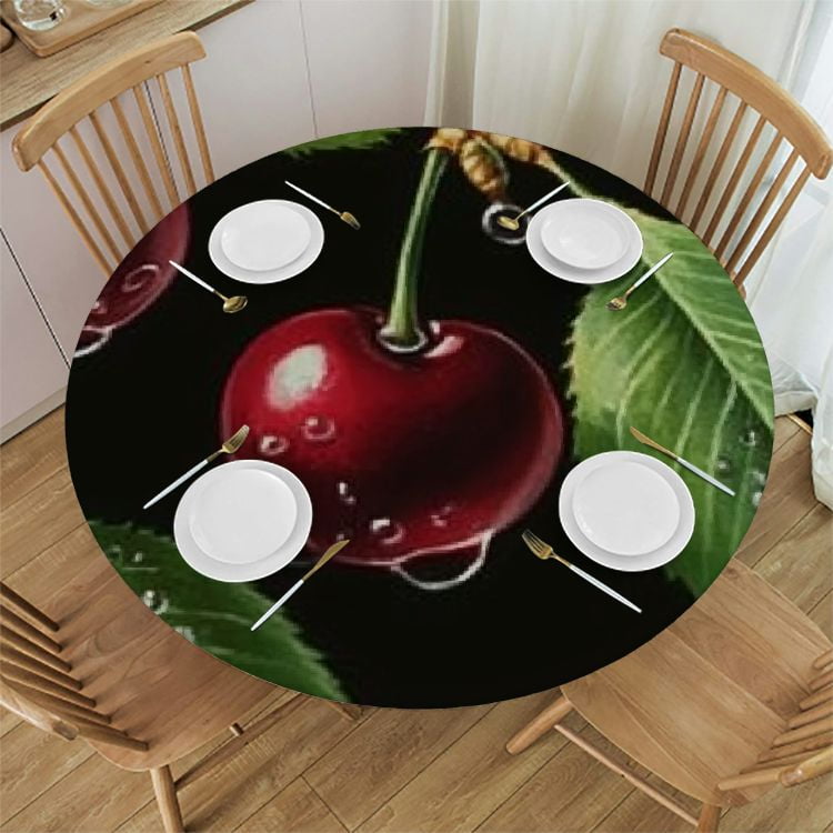 BCIIG Cherries Leaves Water Drops Round Tablecloth Stain-Resistant 100% ...