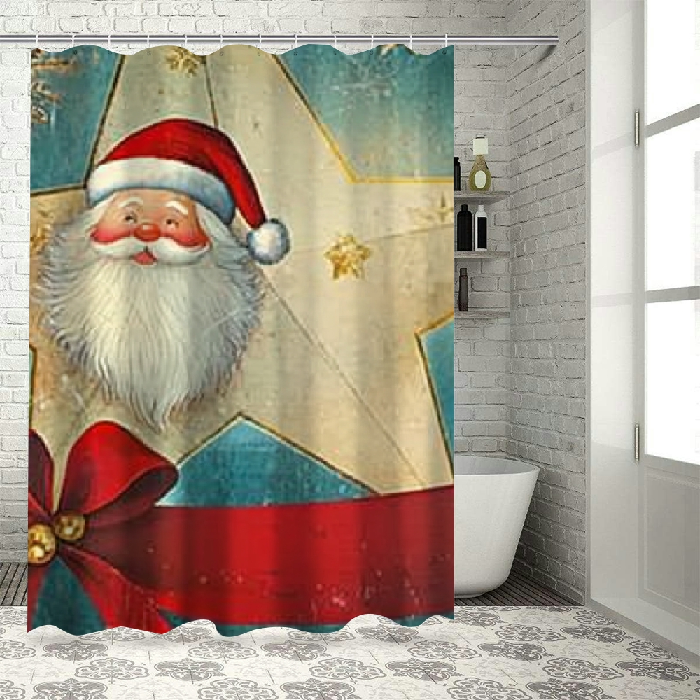BCIIG Christmas Star Santa Claus Red Ribbon Shower Curtain Set with ...