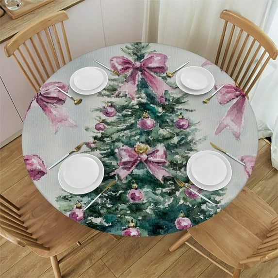 BCIIG Christmas Tree Pink Bows Round Tablecloth Stain-Resistant 100% ...