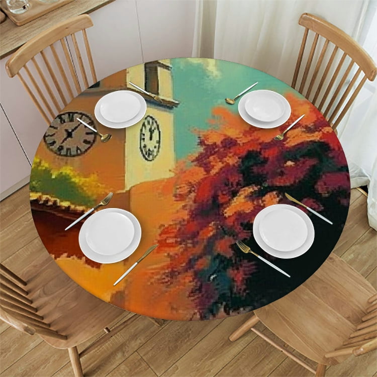 BCIIG Clock Tower Theme Round Tablecloth with Elastic Edge, Stain ...