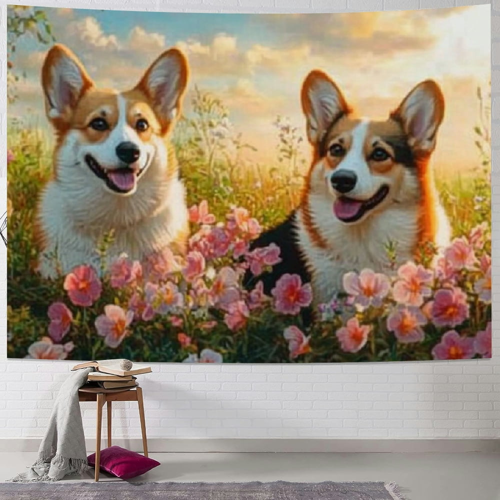 BCIIG Corgis Flowers Field Tapestry Wall Hanging Unique Style for Home ...