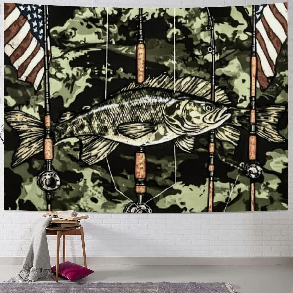 BCIIG Country American Flag Fishing Tapestry, Rustic Hunting Bass Fish ...