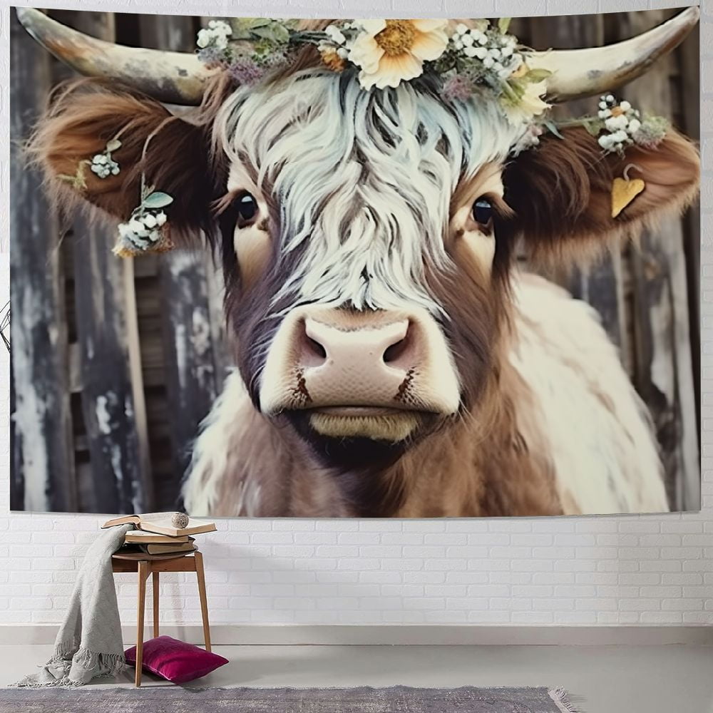BCIIG Cow with Flower Crown Tapestry Wall Hanging Unique Style for ...