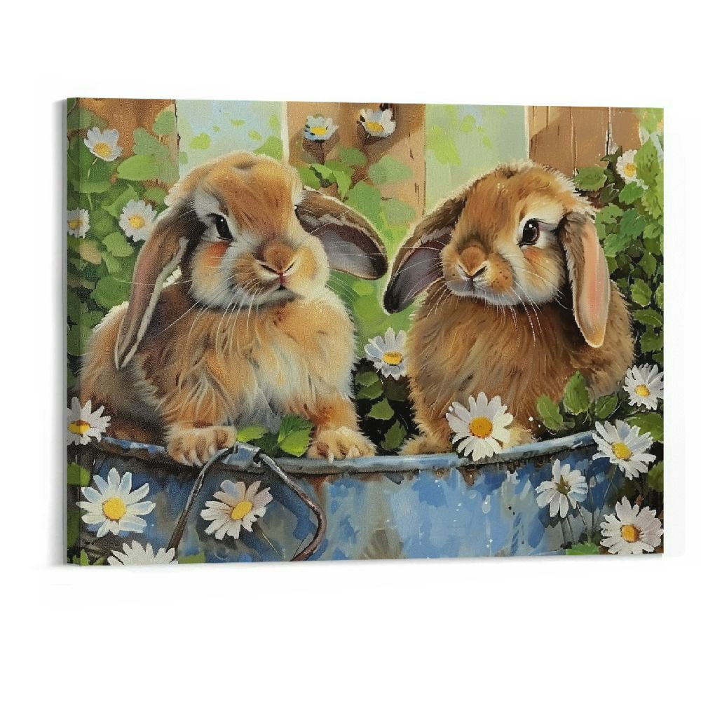BCIIG Cute Bunny Wall Art Blue Flowers Canvas Print Picture Farmhouse ...
