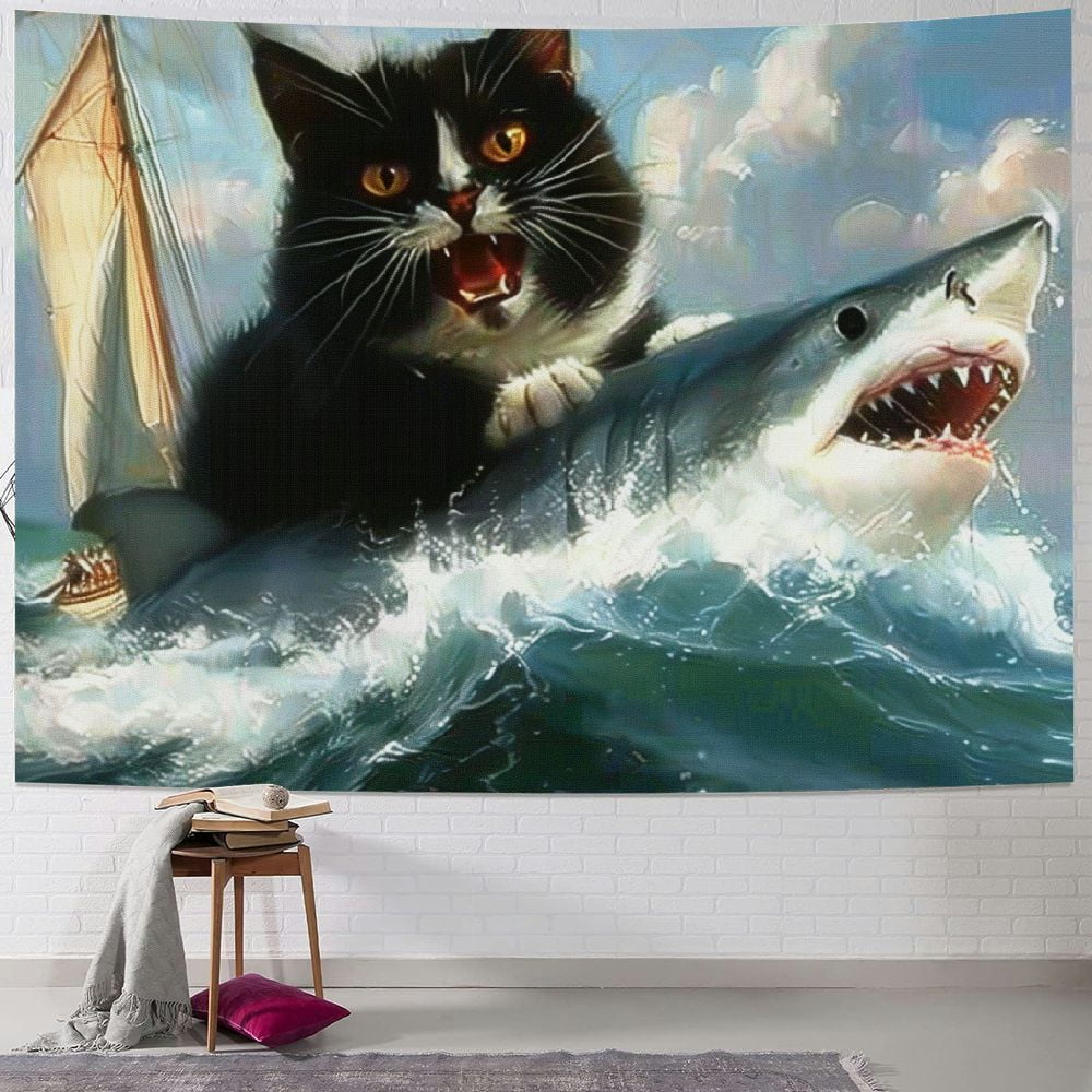 BCIIG Cute Cat Shark Tapestry Wall Hanging Unique Style Graphic ...