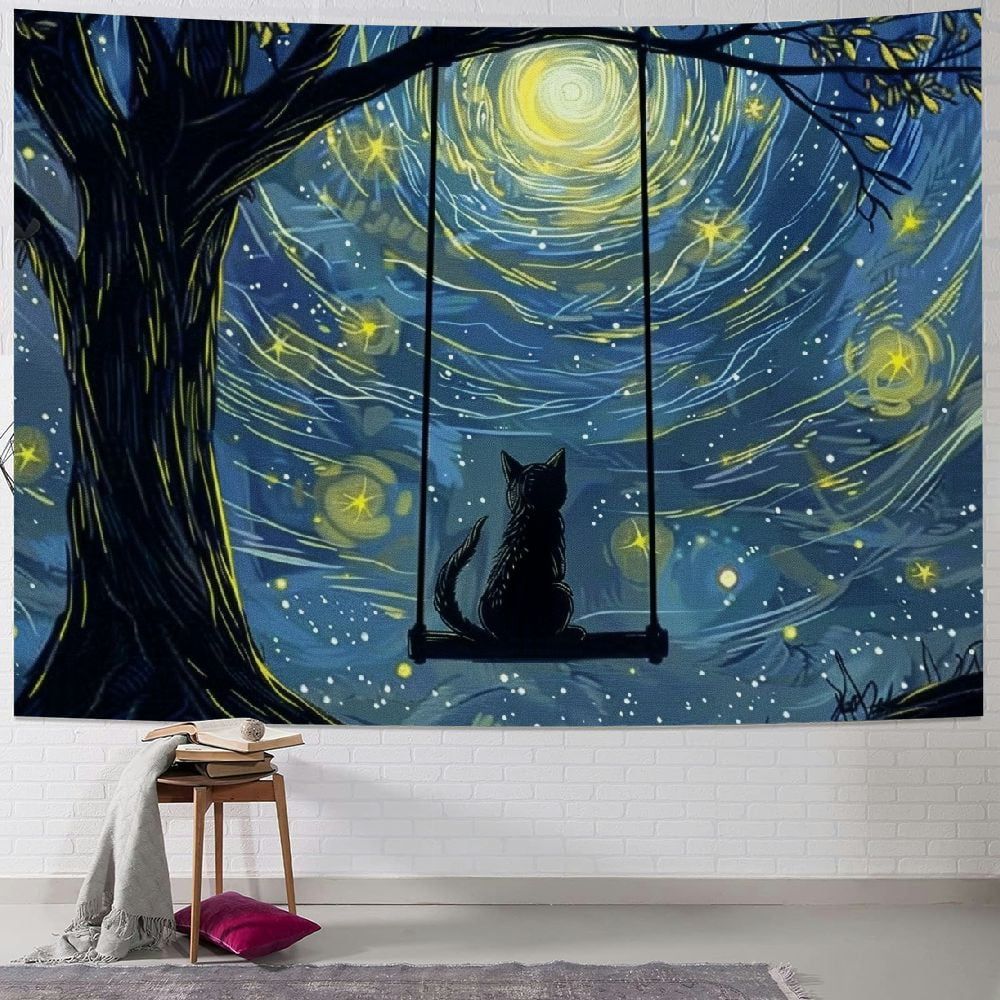 BCIIG Cute Cat Tapestry Wall Haning for Girls Bedroom, Starry Night ...