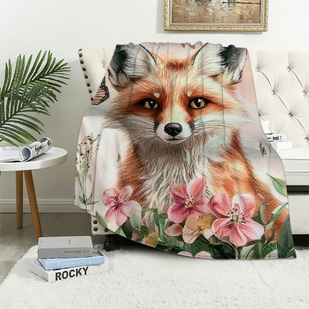 BCIIG Cute Fox Throw Blanket Pink Flowers Blanket Rose Butterfly Bed ...
