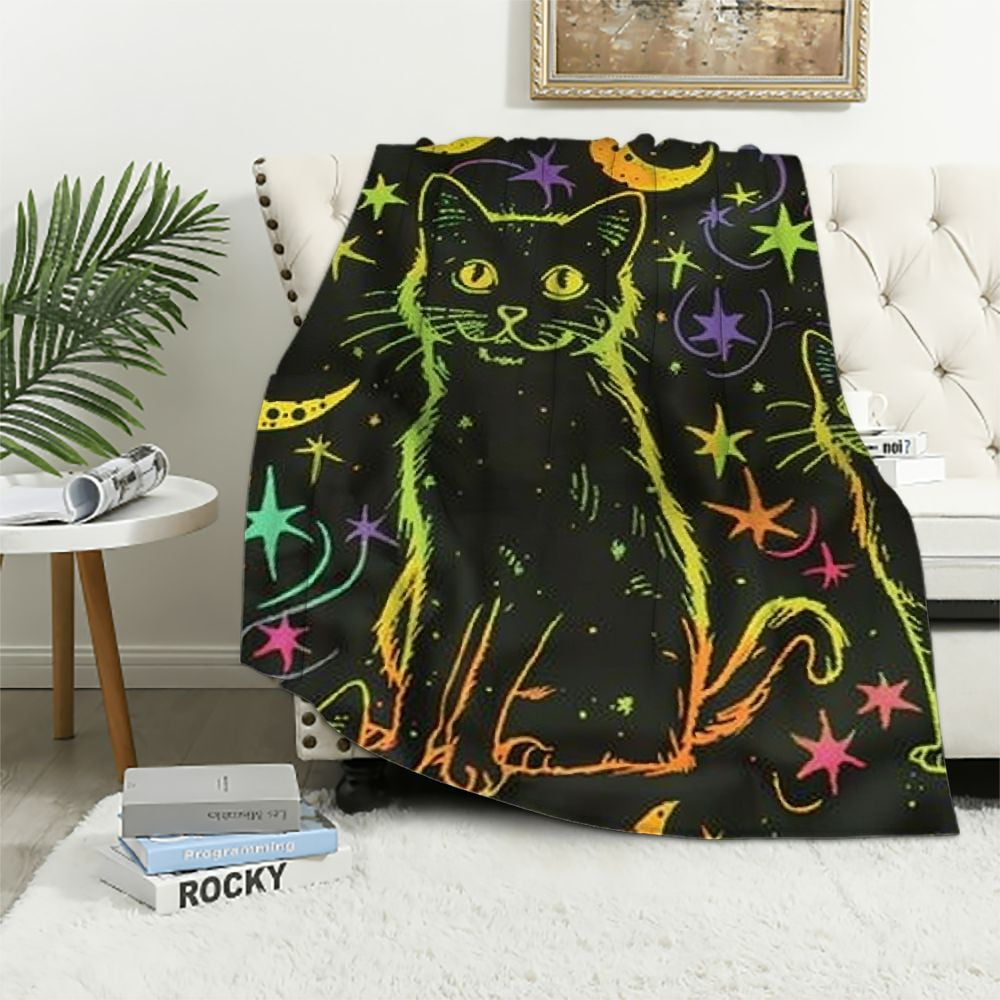 BCIIG Cute Funny Cartoon Witchcraft Black Cats Blanket Bright Neon Cat ...