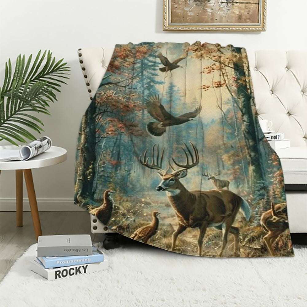 BCIIG Deer and Forest Scene Throw Blanket Gifts, Soft Cozy Fleece ...