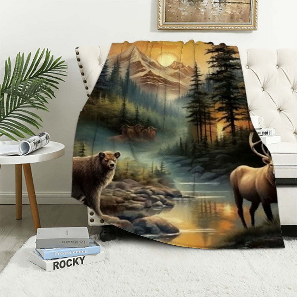 BCIIG Deer Throw Blanket, Twin Blanket, Black Bear Blanket, Woodland ...