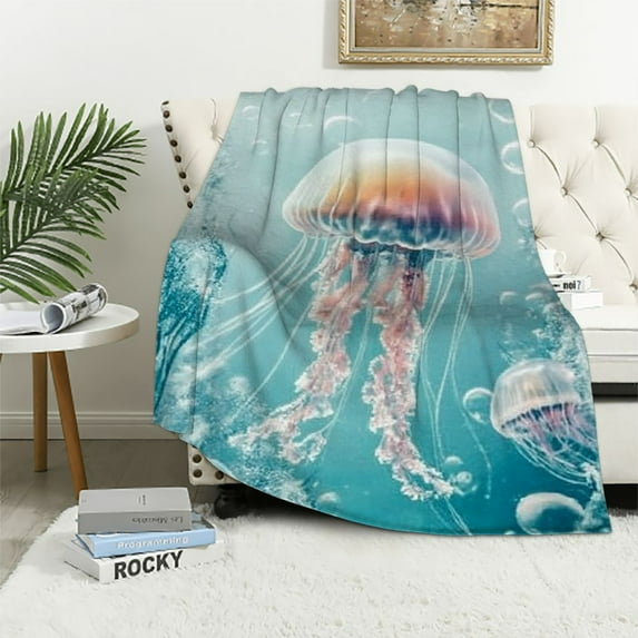 BCIIG Diving Jellyfish Blanket Teal Blue Ocean Beach Coastal Throw ...