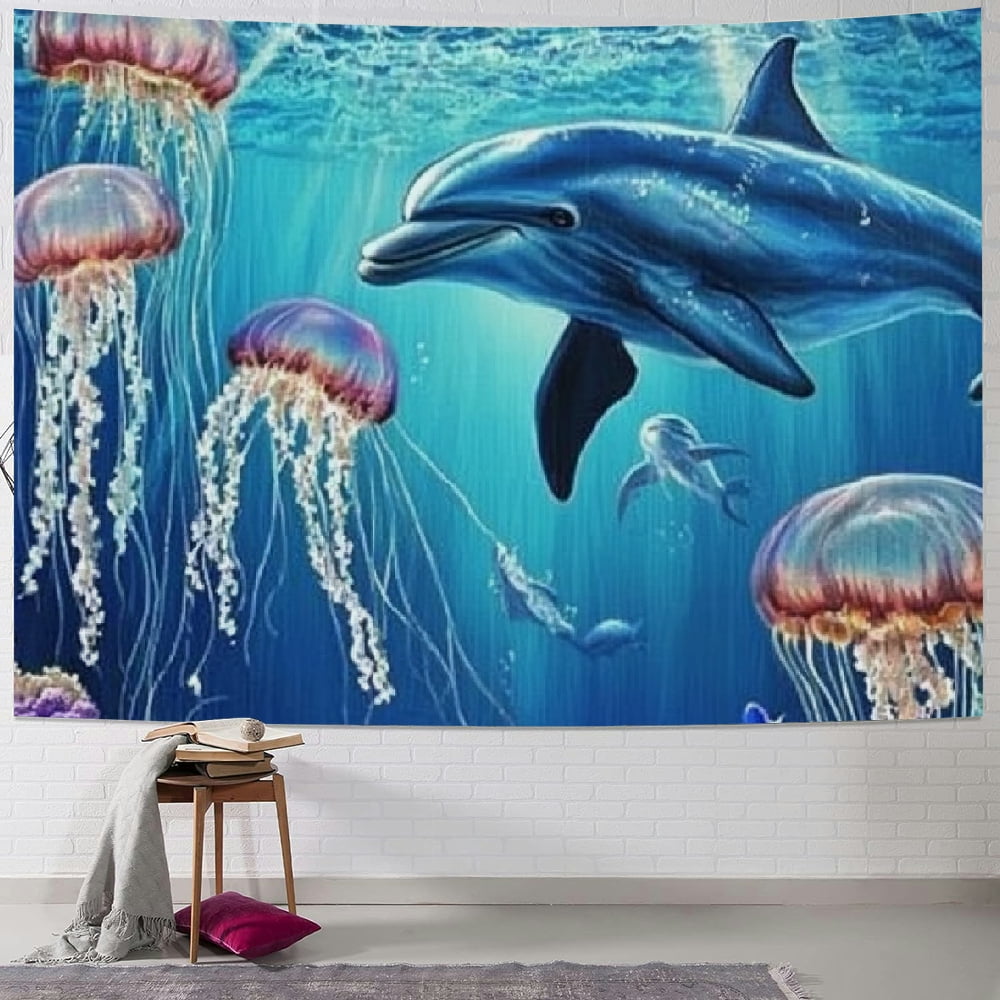 BCIIG Dolphin Jellyfish Underwater Tapestry Wall Hanging Unique Style ...