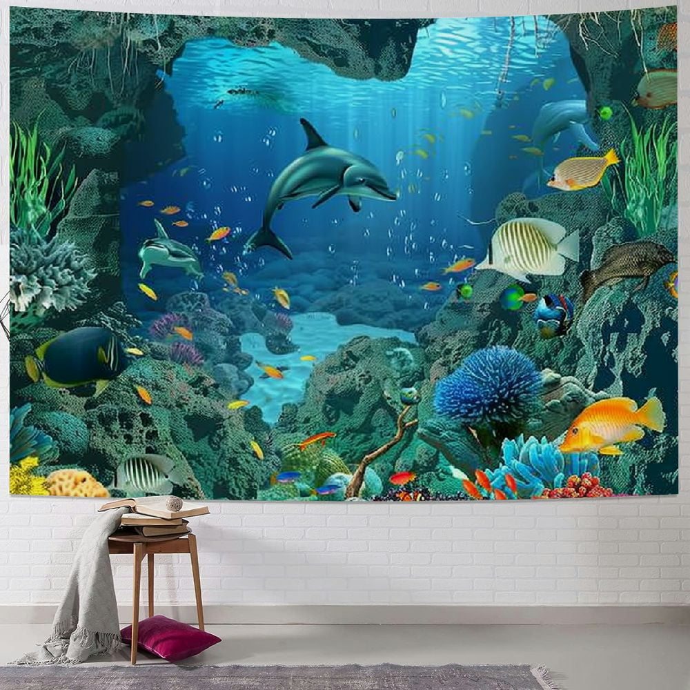 BCIIG Dolphin Tapestry Tropical Fish and Coral Reef in Cave under Deep ...