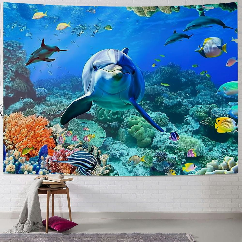BCIIG Dolphin Tapestry Tropical Fish and Coral Reef in Cave under Deep ...