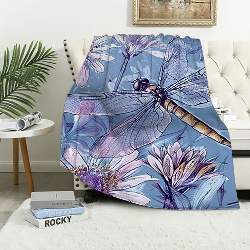 BCIIG Dragonfly Flowers Warm Lightweight Blanket Soft Fleece Throw Blanket for All Seasons ...