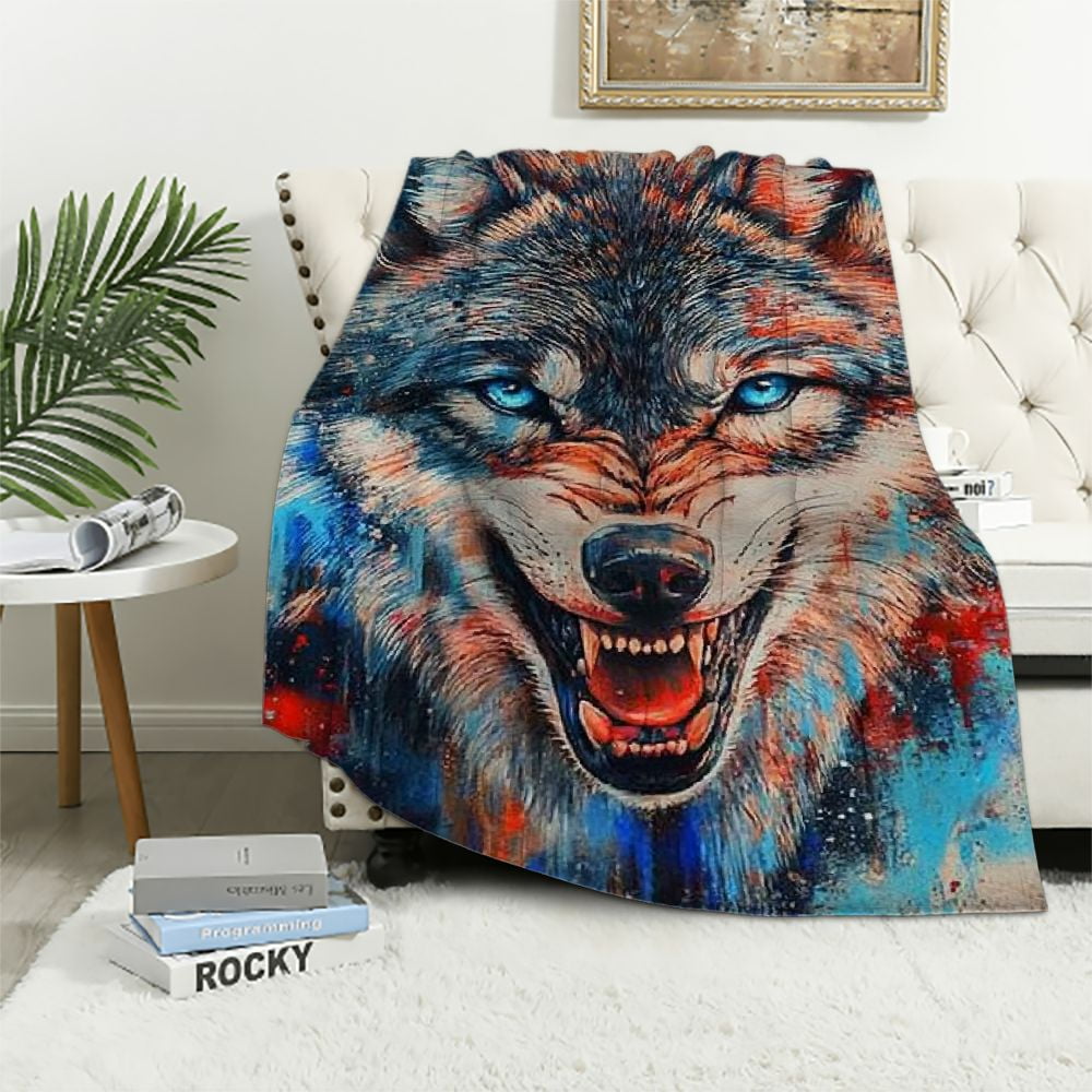 BCIIG Fierce Wolf Flannel Blanket Intense Red and Blue Splatter Design ...
