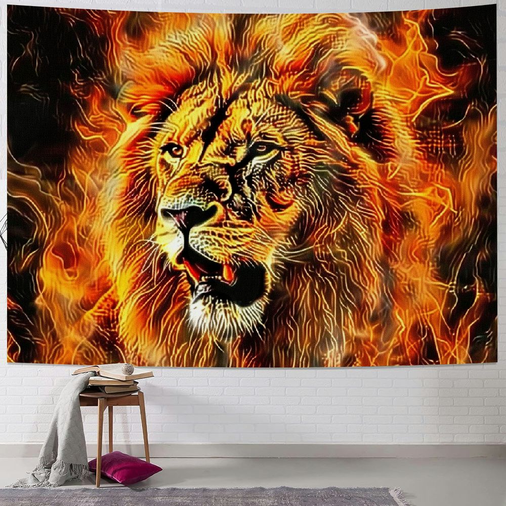 BCIIG Fire Cool Lion Tapestry Burning Flame Lion Head Tapestry The Lion ...