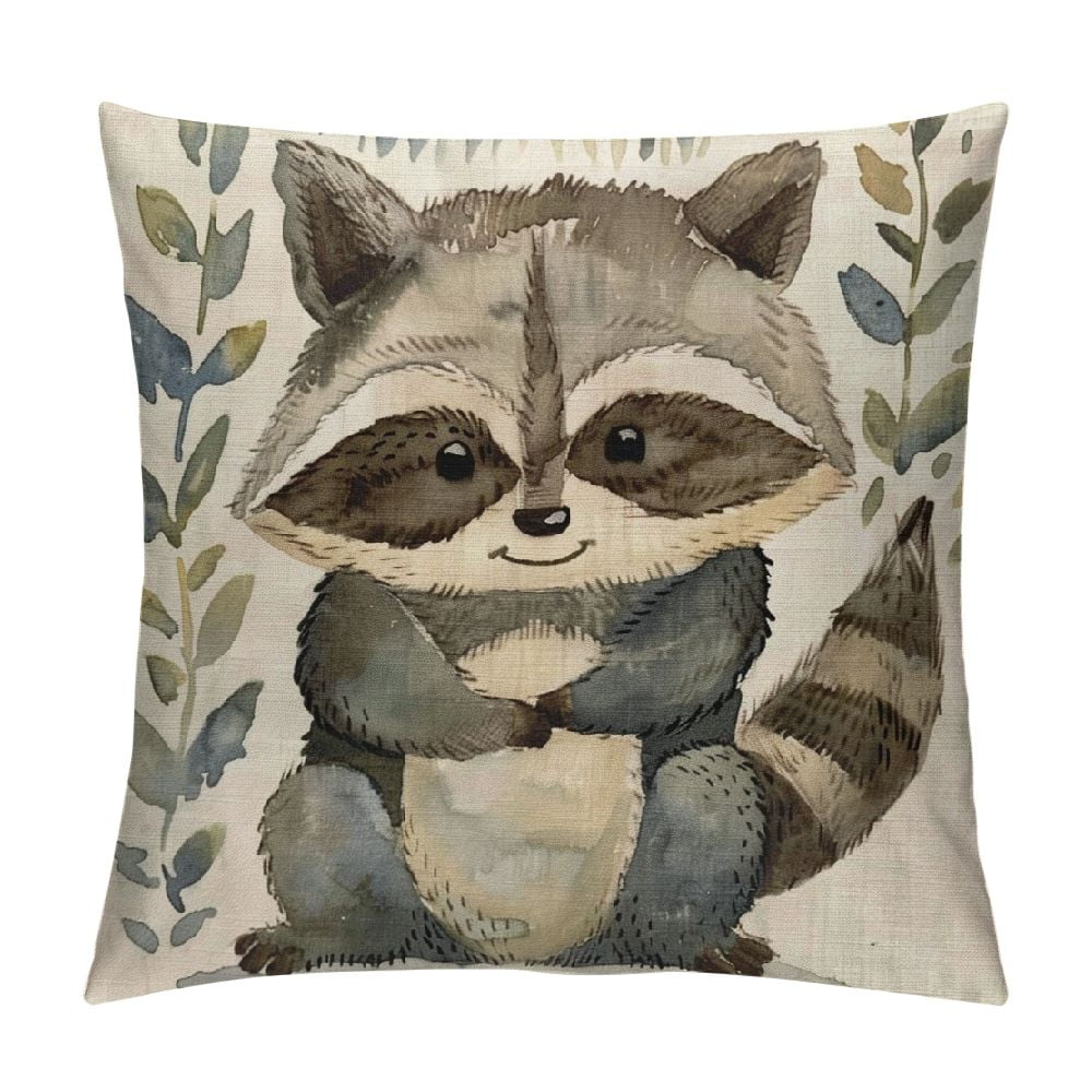 BCIIG Flax Throw Pillow Cover Woodland Raccoon Watercolor Animal ...
