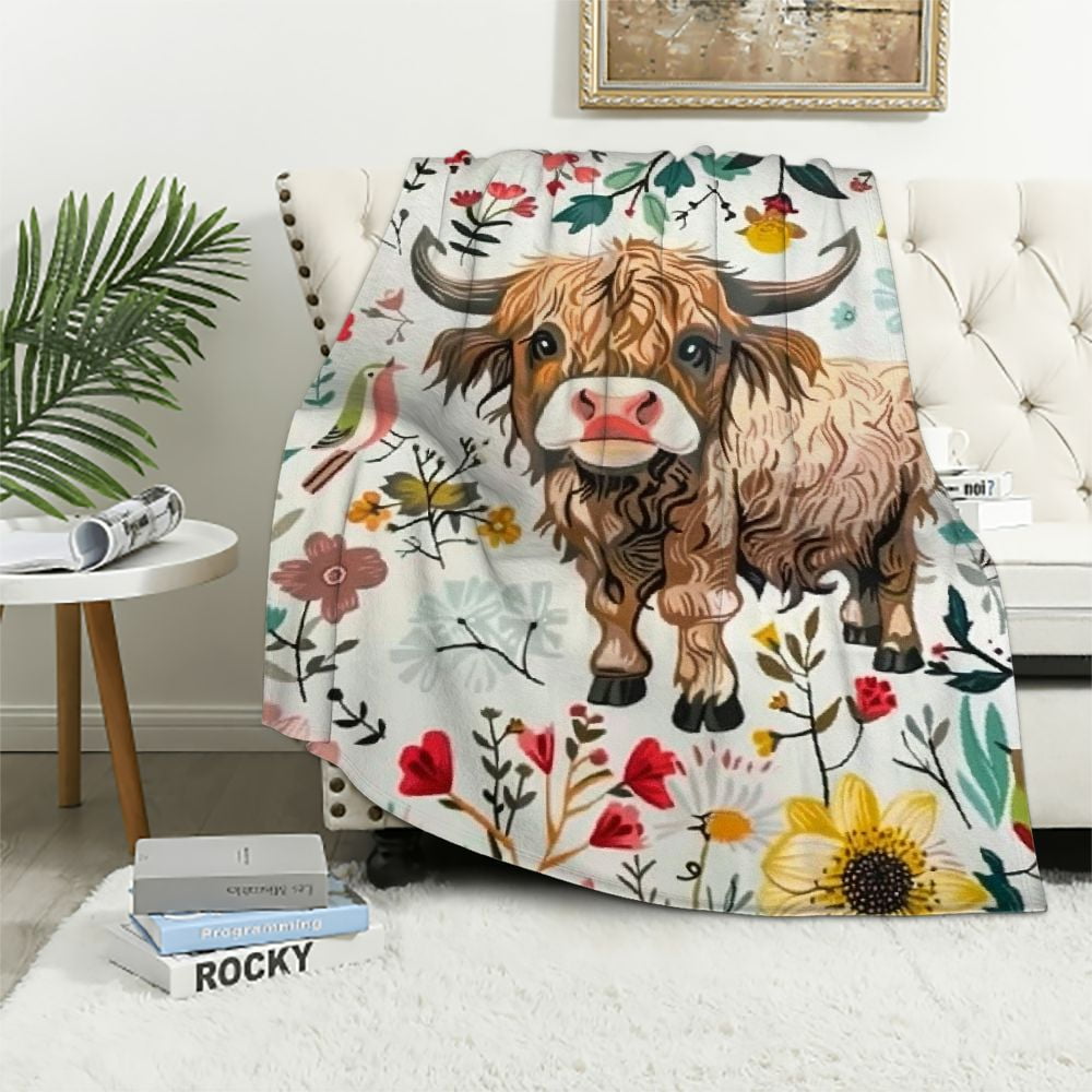 BCIIG Floral Highland Cow Fleece Bed Blanket for Kids Baby Cute ...