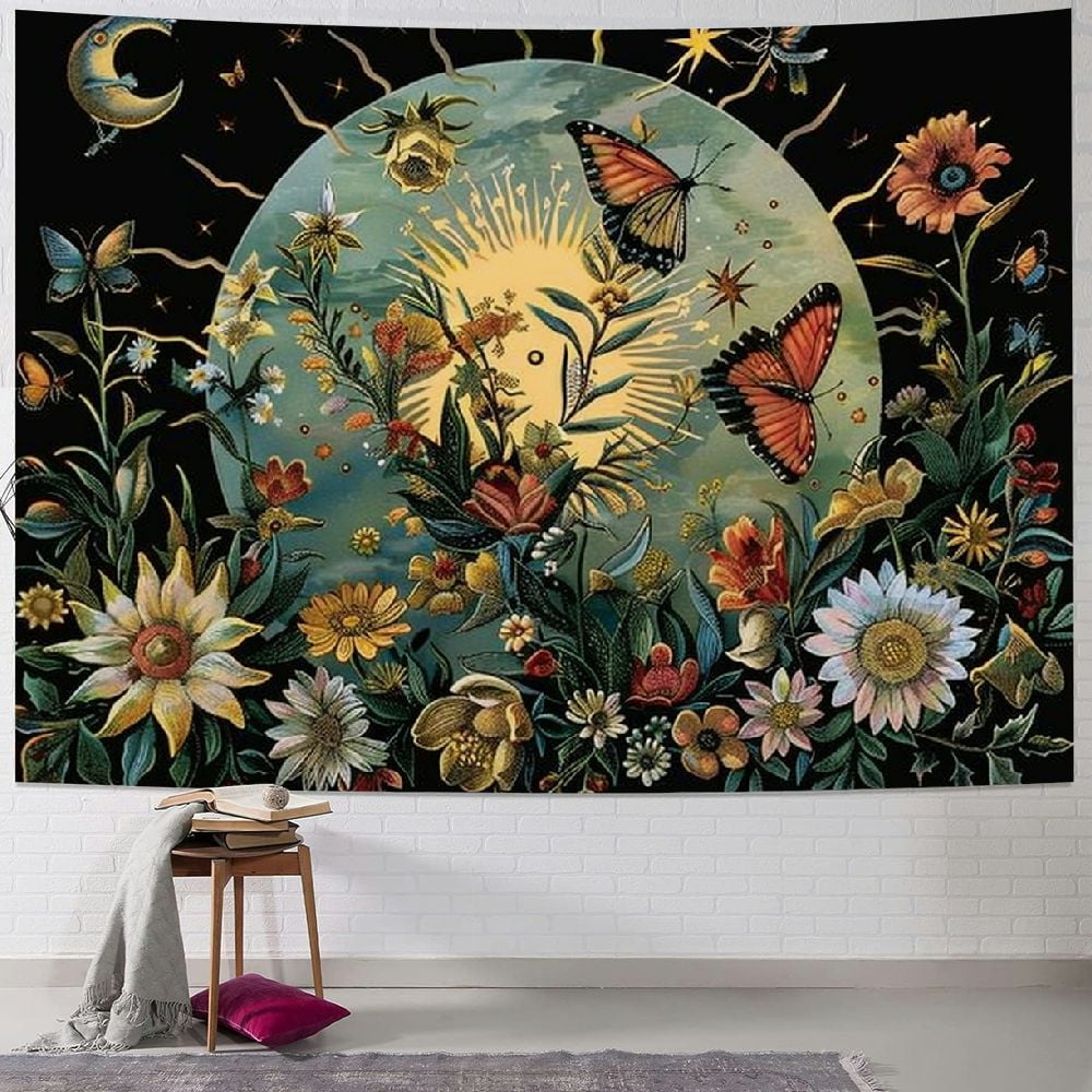 BCIIG Floral Plants Tapestry Sun and Moon Tapestry Retro Botanical ...