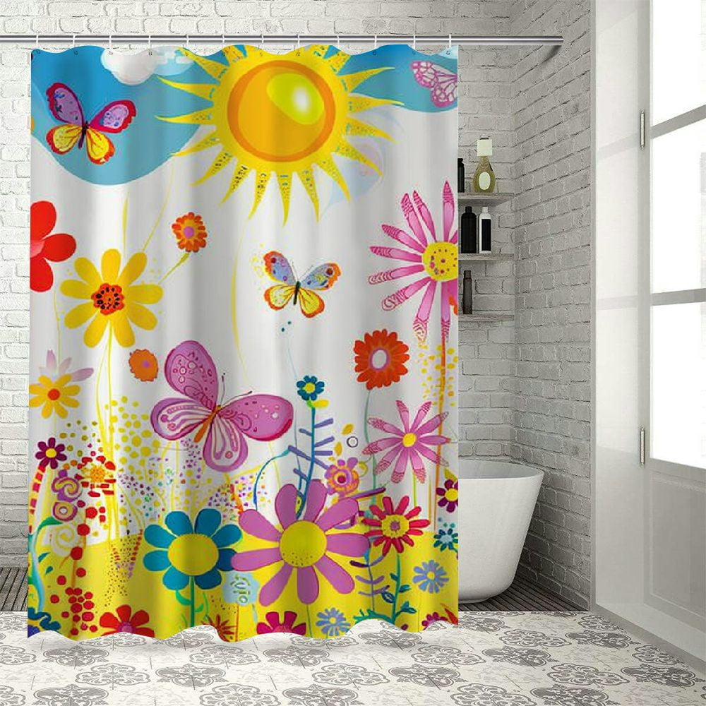 BCIIG Floral Shower Curtain, Summer Season Sun Butterflies Dragonfly ...