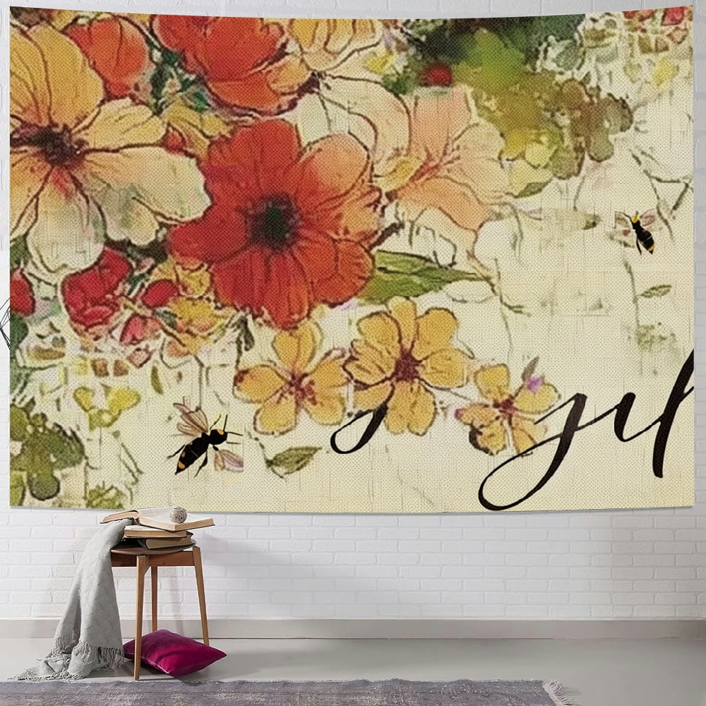 BCIIG Flowers Bees Cursive Writing Tapestry Wall Hanging Unique Style ...